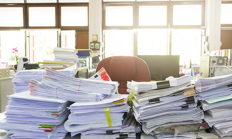Business Concept, Pile of unfinished documents on office desk - TAB